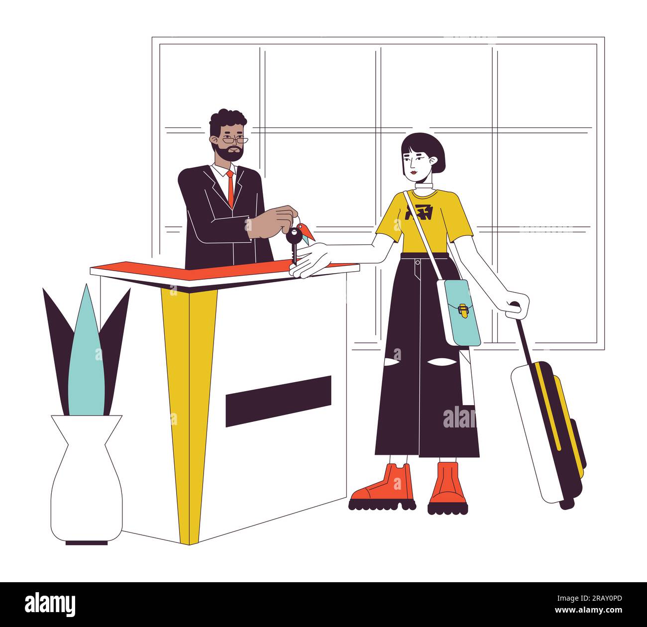 Hotel lobby check in flat line vector spot illustration Stock Vector ...