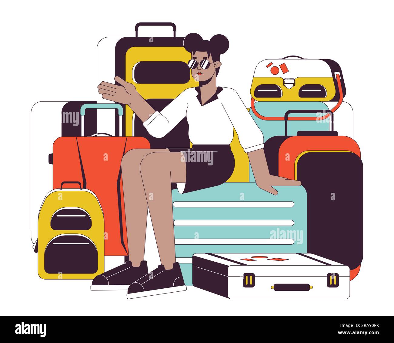 Suitcase pile girl flat line vector spot illustration Stock Vector ...