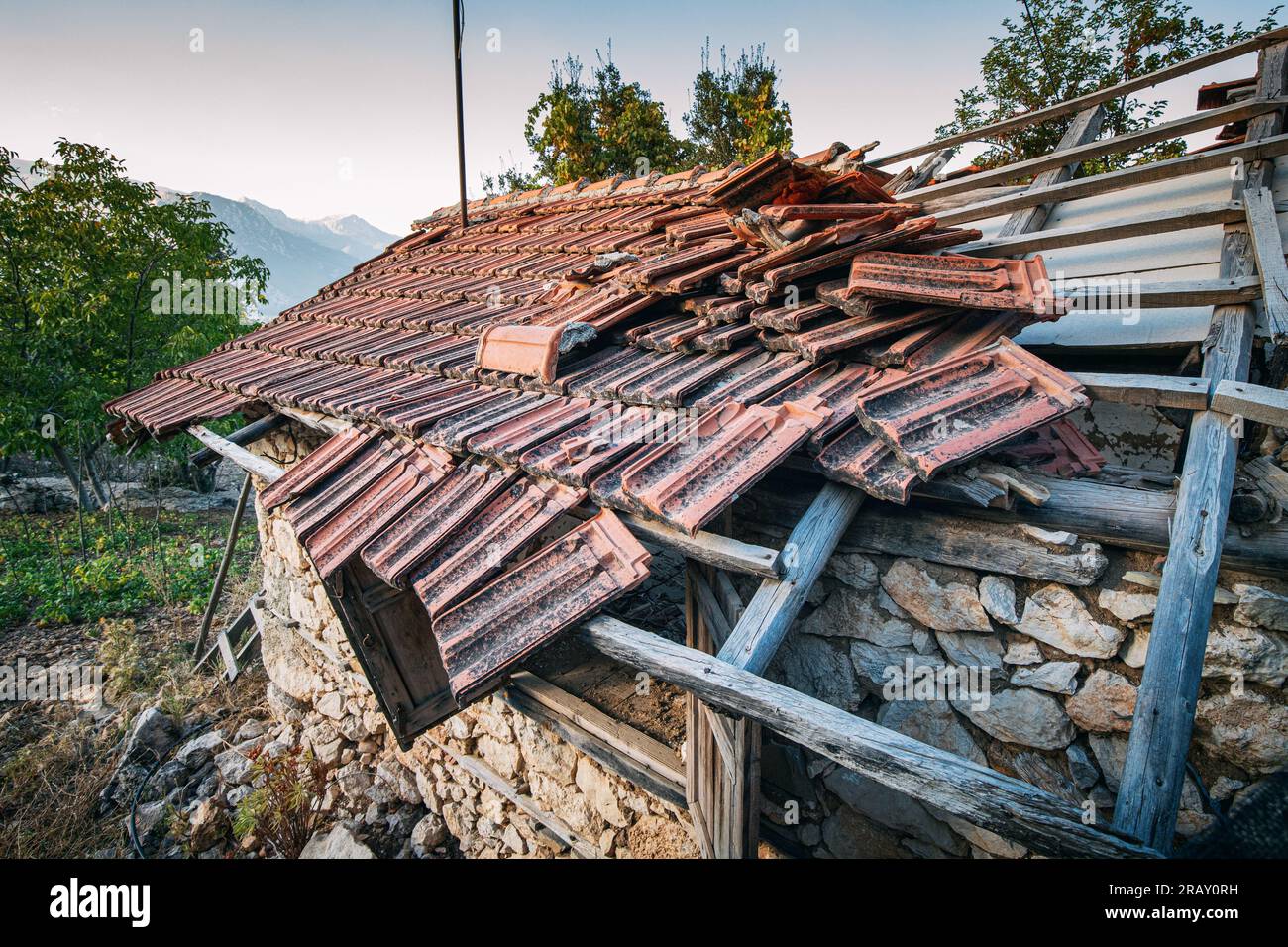 Ruined after earthquake old village stone house Stock Photo - Alamy