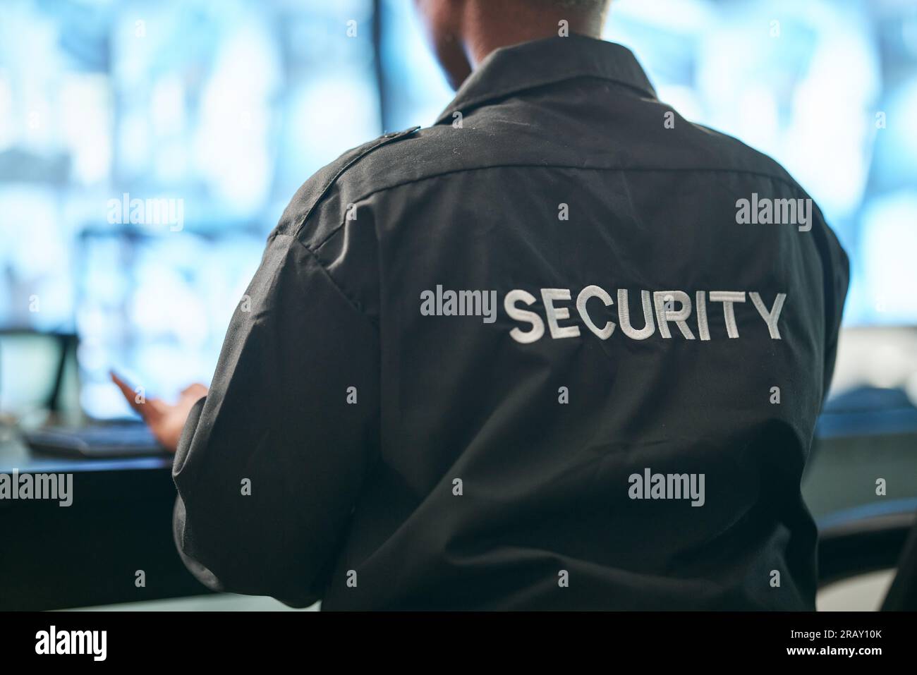 Office safety, back and man or security for a business or building for ...