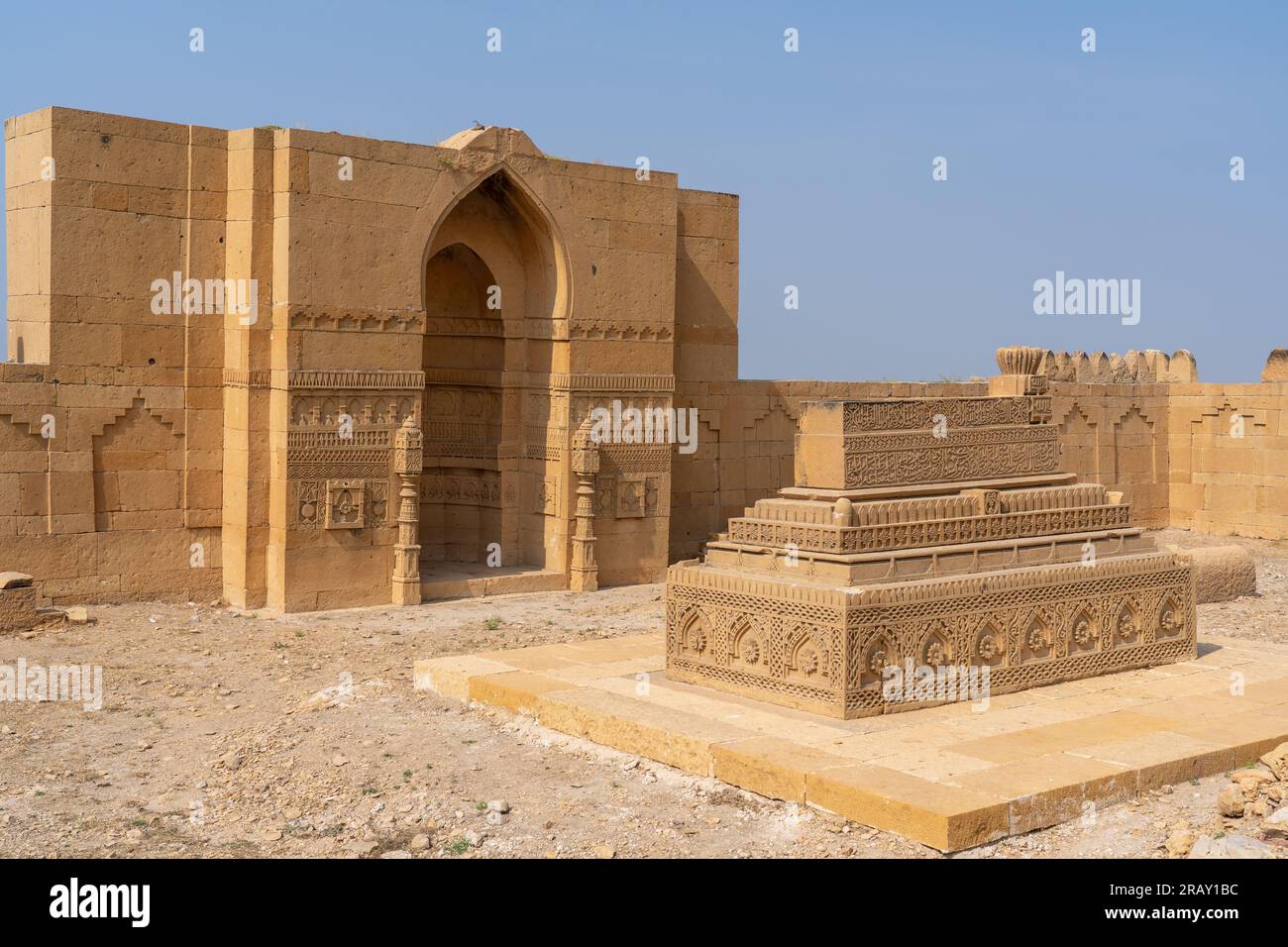 Landscape view of ancient carved stone cenotaph inside the courtyard of ...