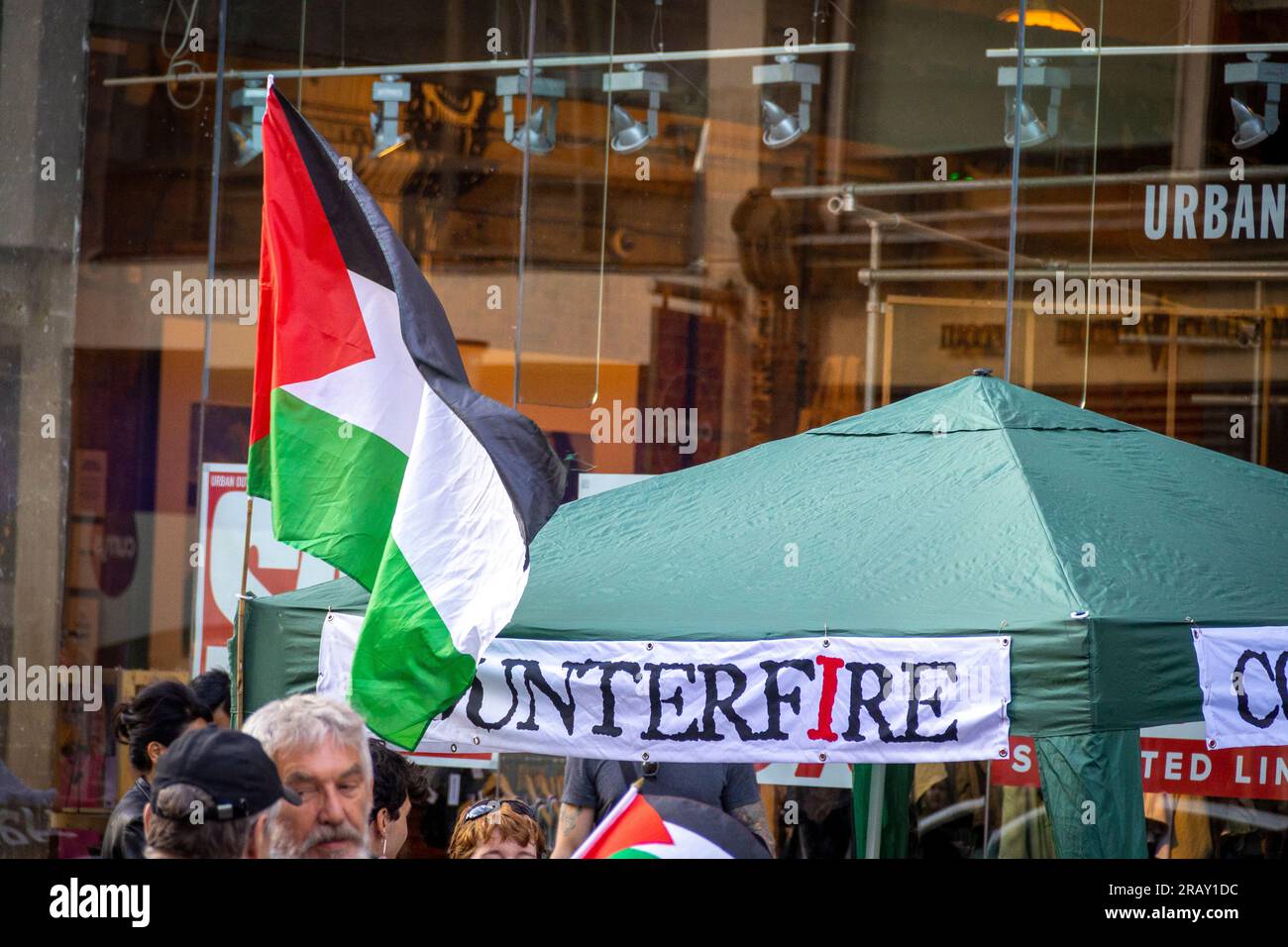 A protest is being held in front of the Israeli Embassy in London, in ...
