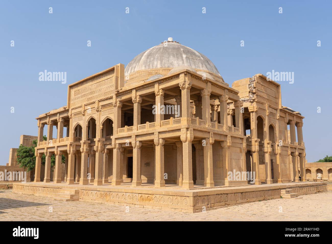 Landscape view of ancient mughal era carved sandstone tomb of Isa Khan ...