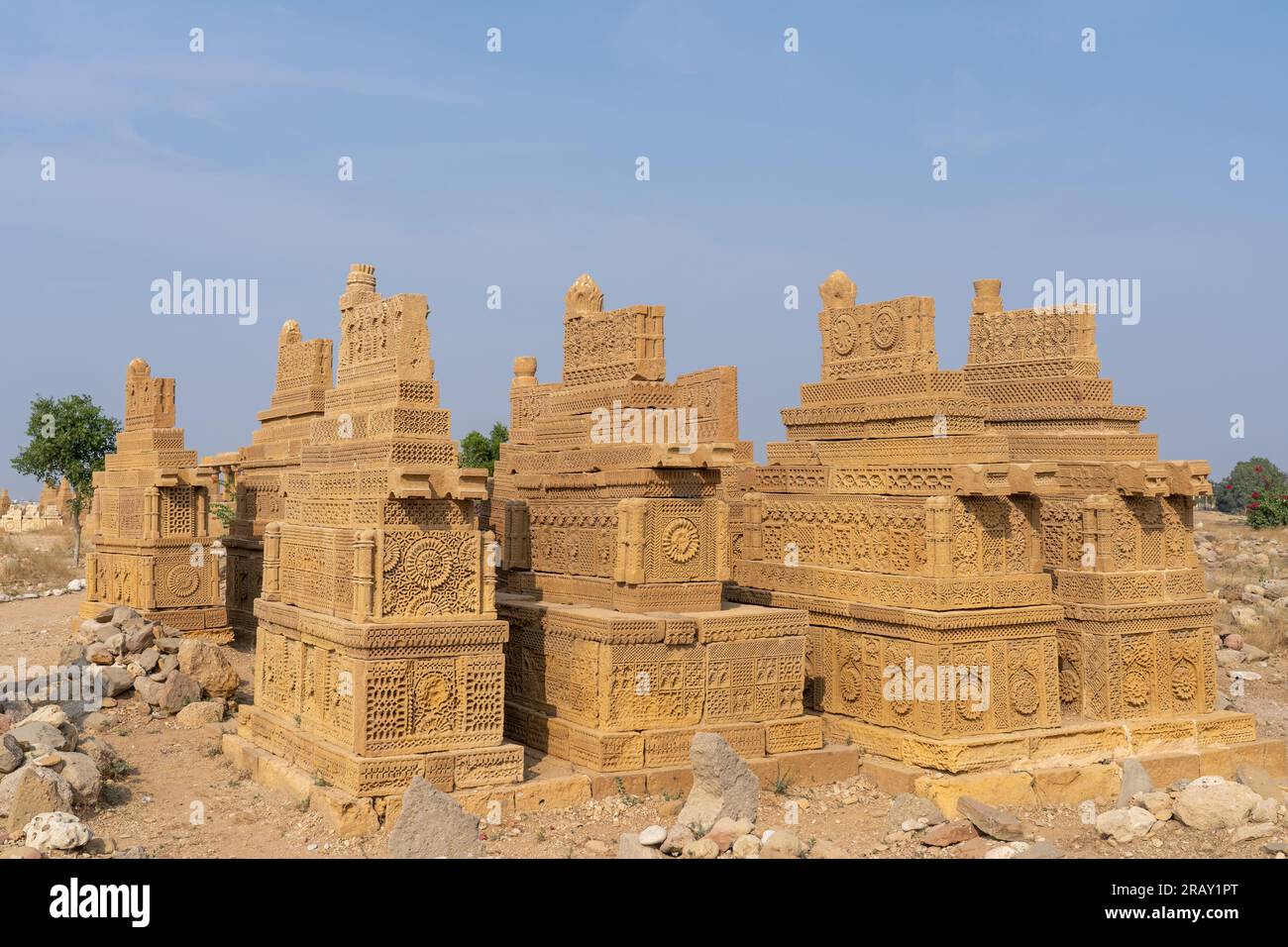 Group of beautiful ancient islamic carved sandstone cenotaphs or tombs ...