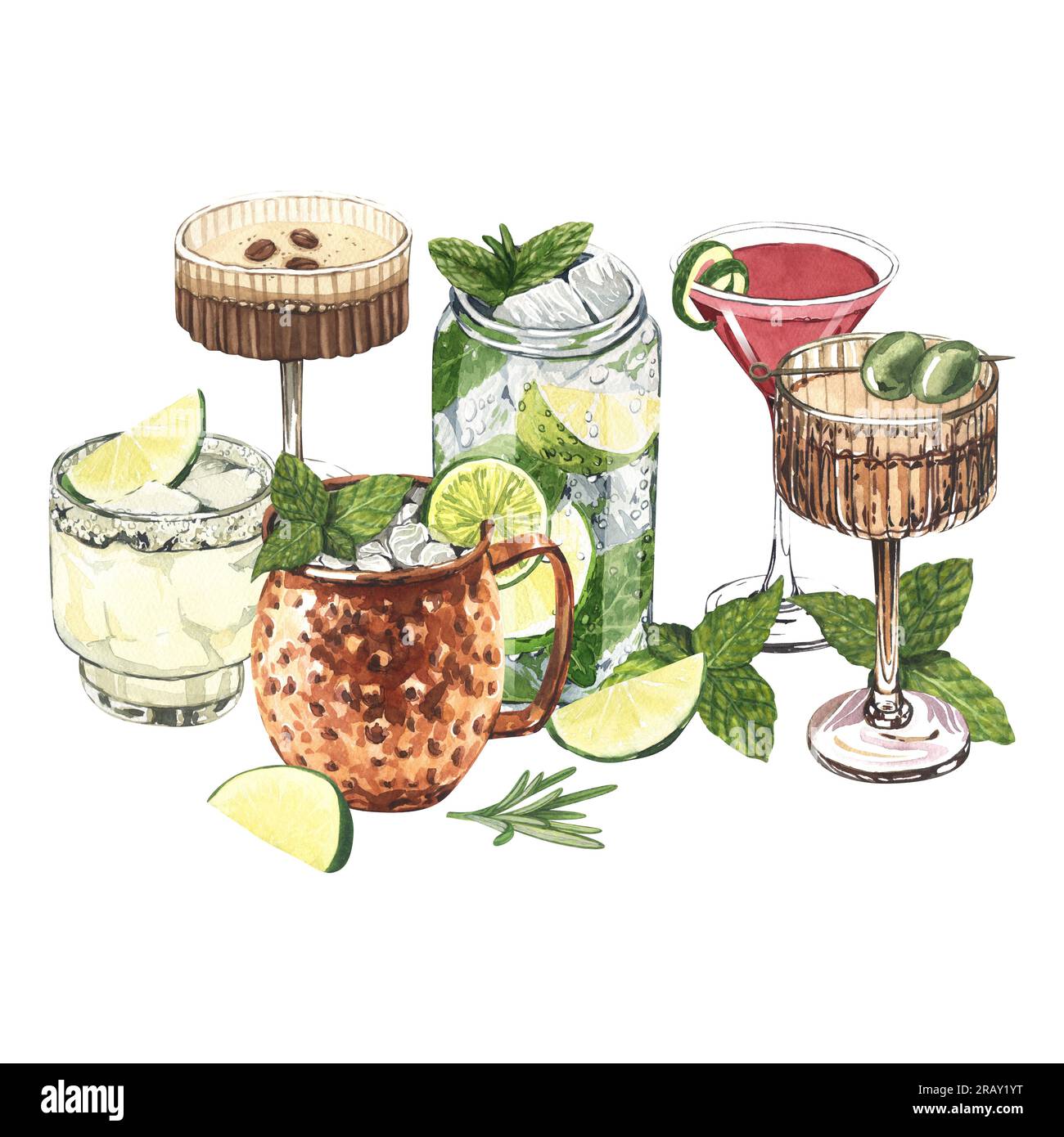 Watercolor group cocktail glasses:espresso tini, martini, tequila ...