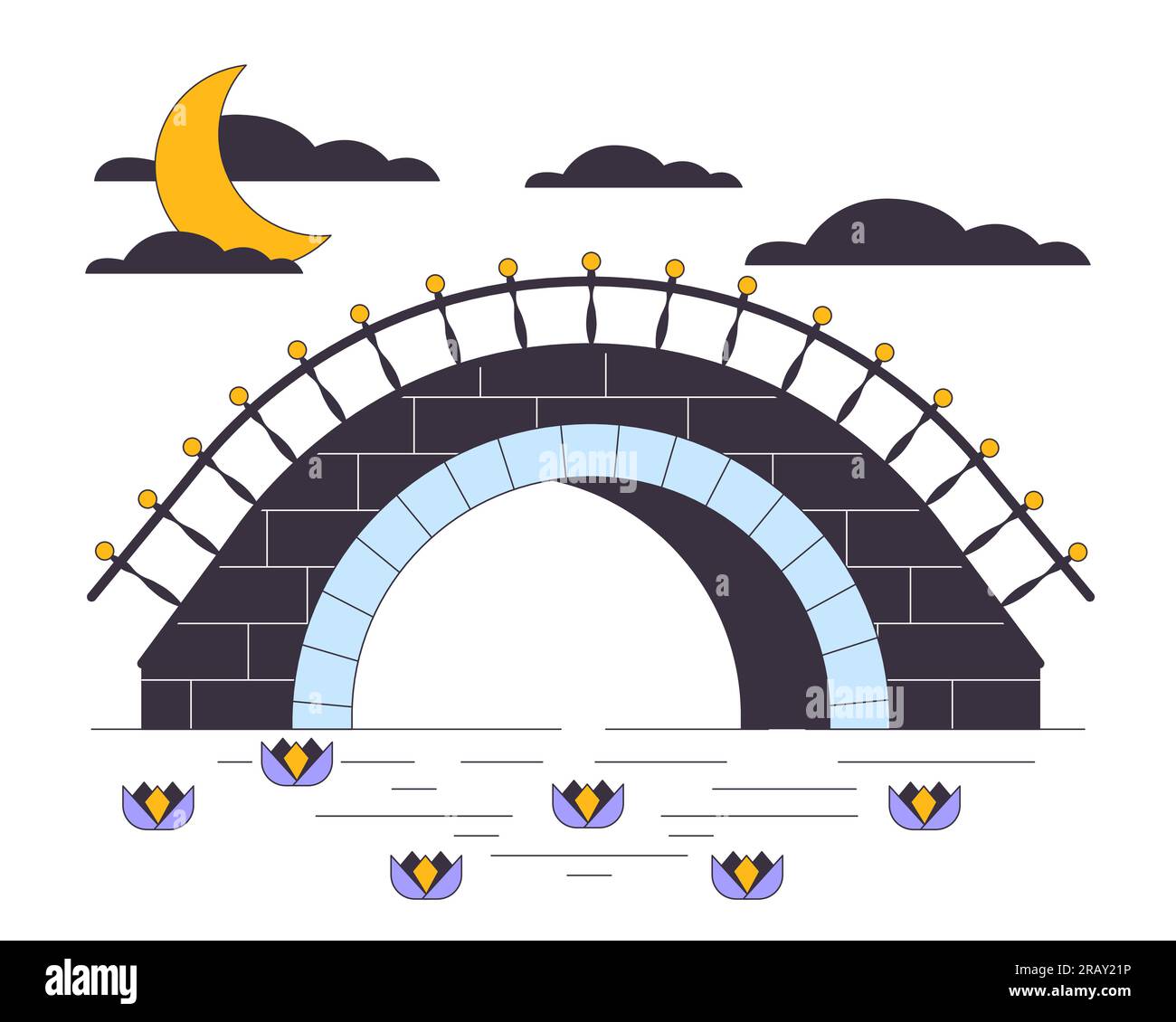 Stone bridge under river flat line concept vector spot illustration ...