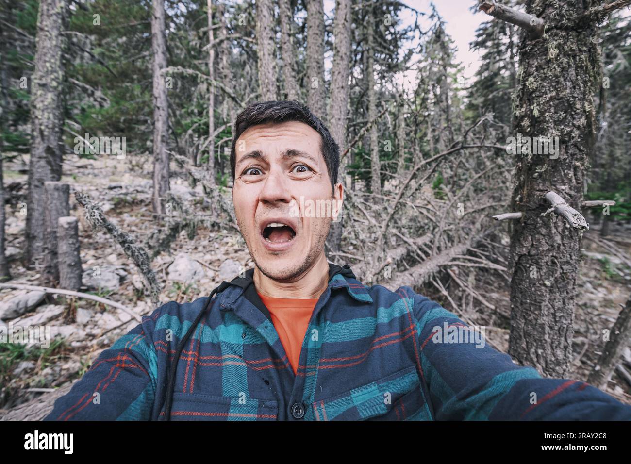 A frightened and lost male hiker looks around in the forest. The ...