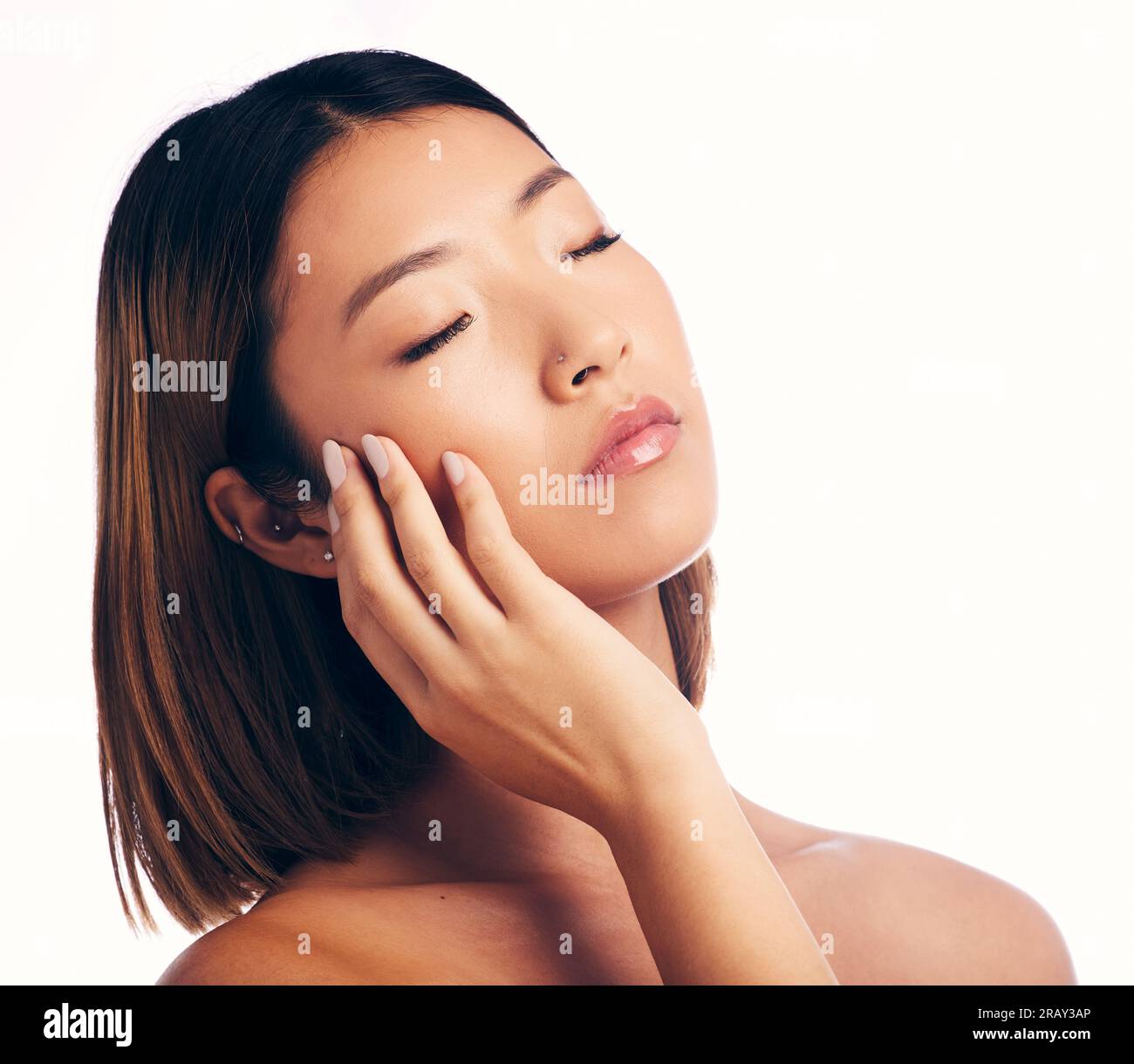 Skincare, dermatology and face of Asian woman on a white background for ...