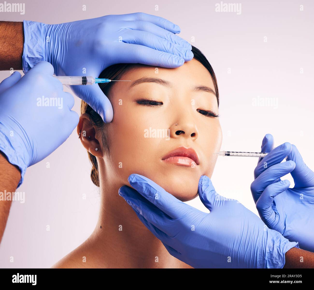 Skincare, injection and Asian woman with plastic surgery, blue gloves ...