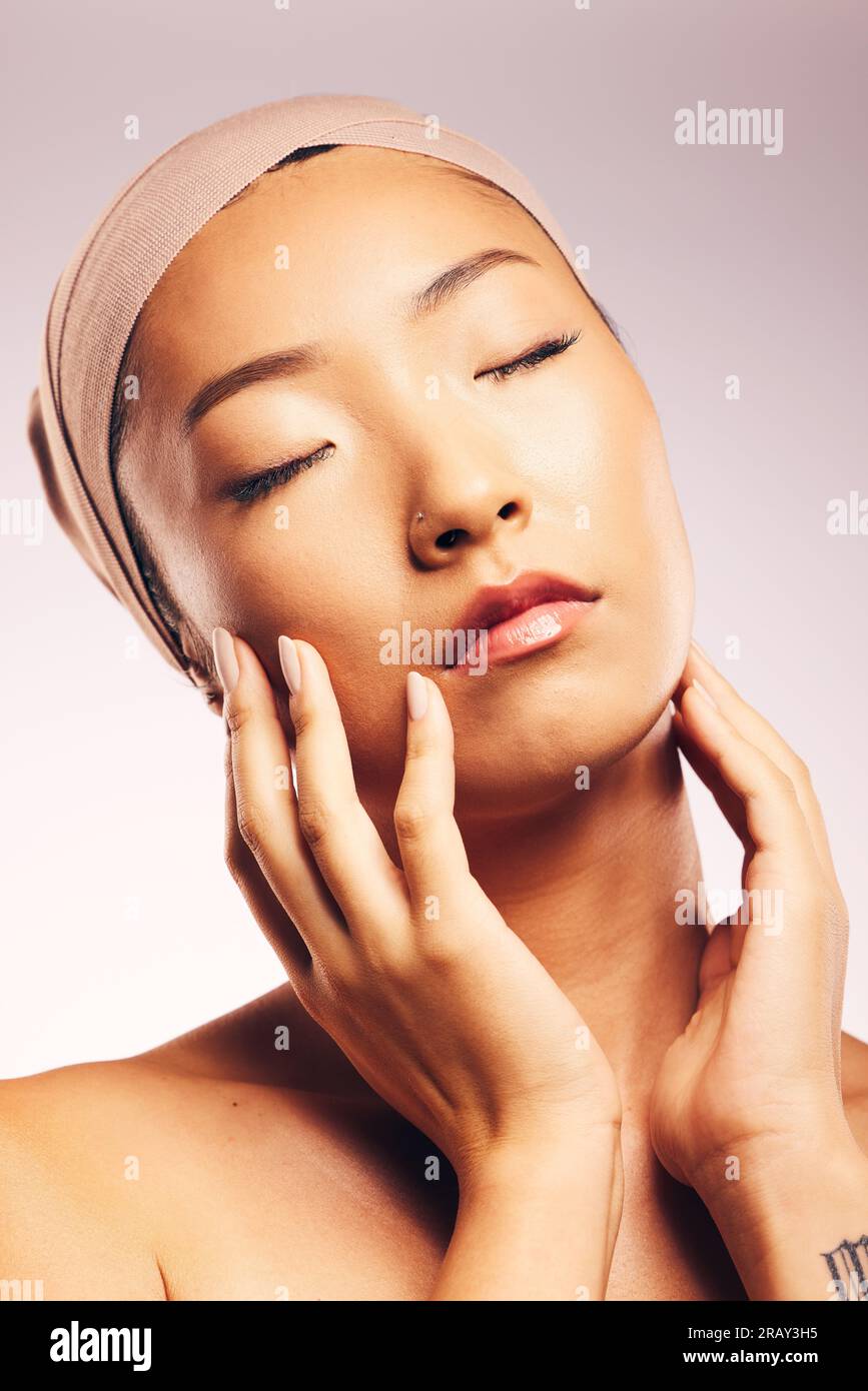 Skincare, dermatology and Asian woman with cosmetics, natural beauty ...
