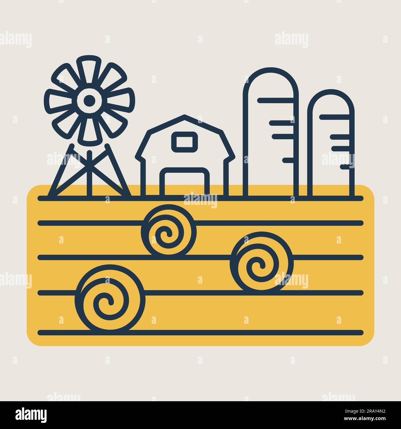 Farm landscape with barn, windpump, haystack and granary isolated icon ...