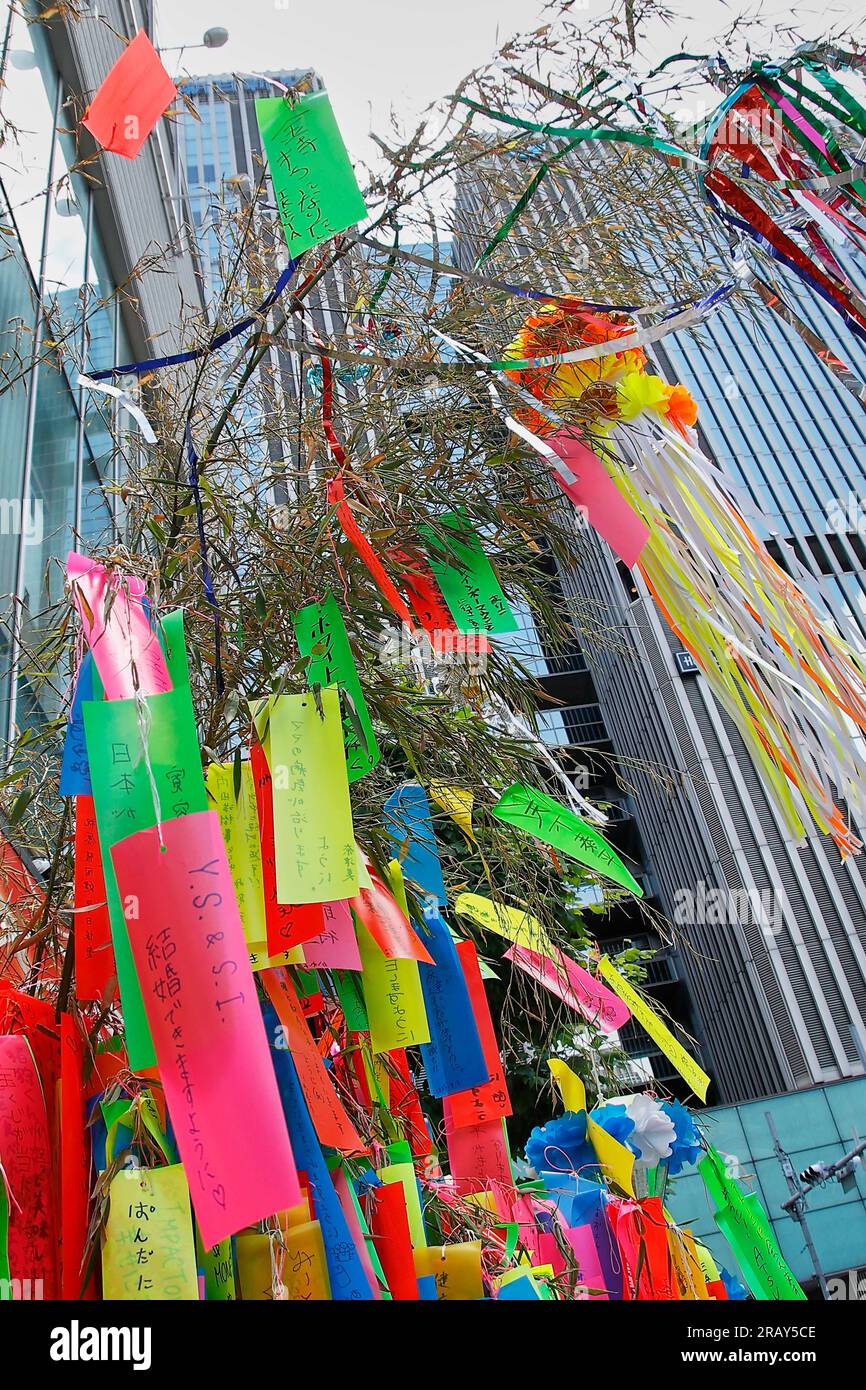 Colorful papers (Tanzaku) with the wishes of people to celebrate the ...