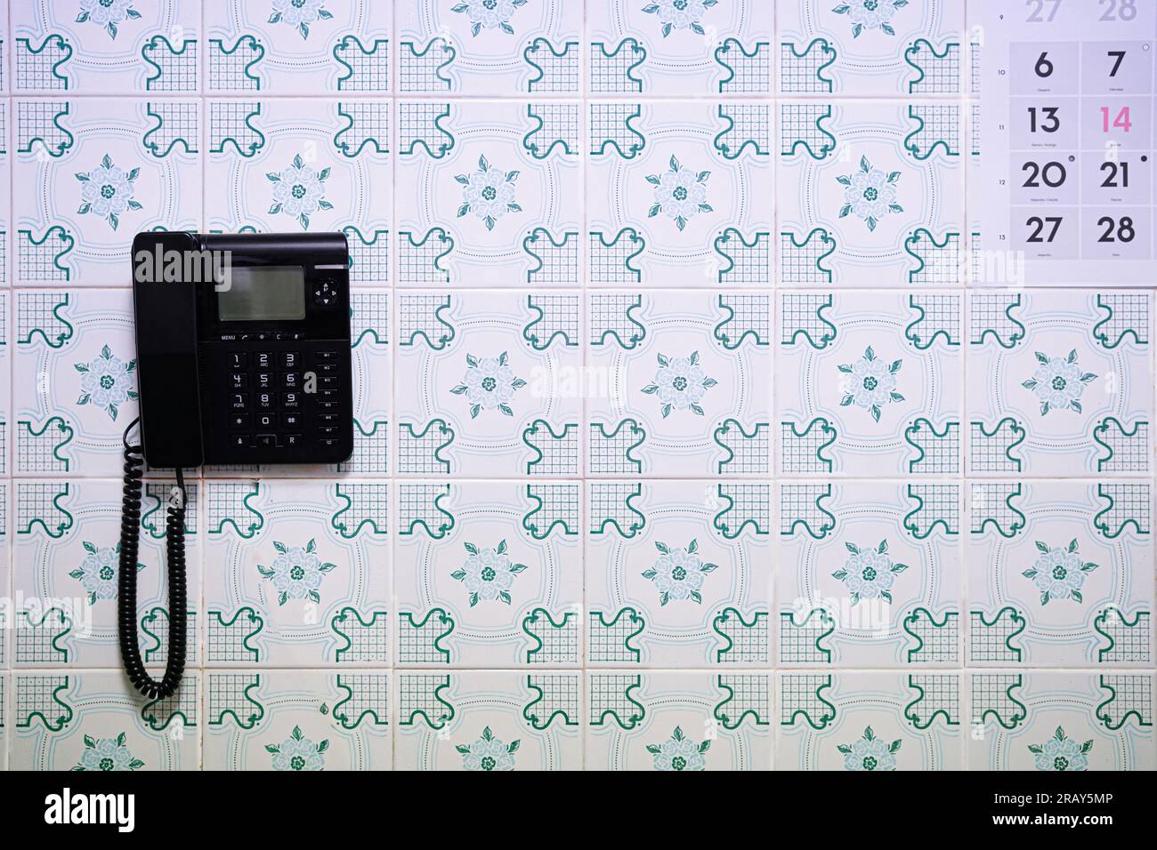 A retro-styled kitchen, with a telephone. Empty kitchen with antique ...