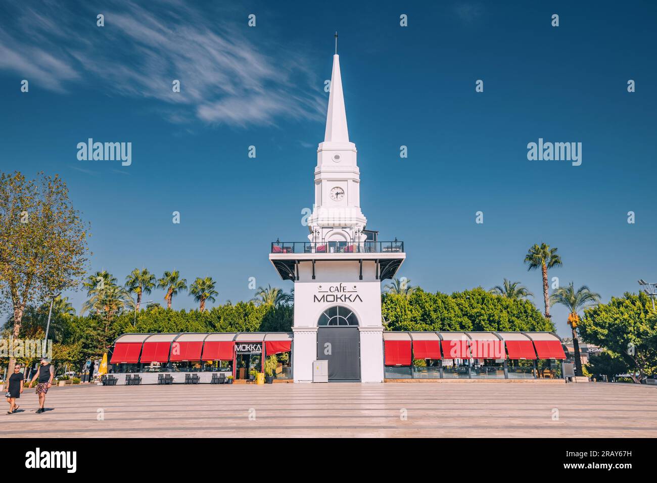 11 October 2022, Kemer, Turkey: Clock tower with Mokka cafe on a ...