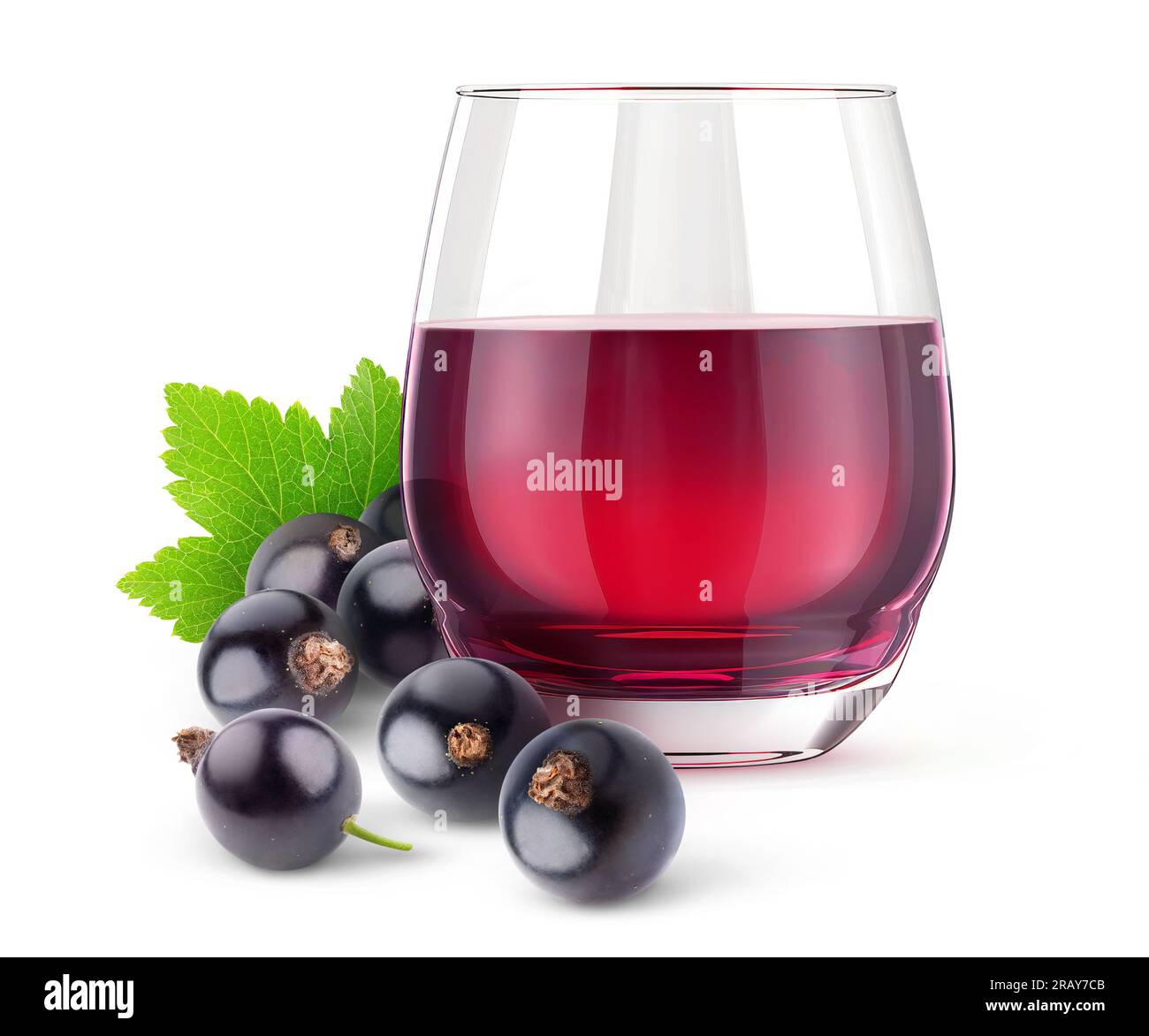 Black currant drink in a glass and fresh berries, isolated on white ...