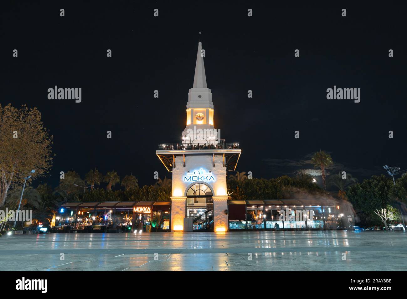 11 October 2022, Kemer, Turkey: Clock tower with Mokka cafe on a ...