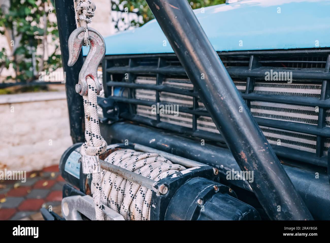 Winch system on an offroad vehicle car ready for outdoor adventure ...