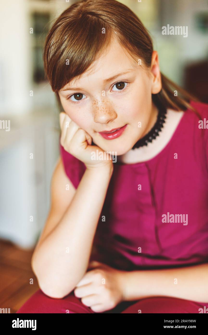 Close up portrait of a cute little girl of 9-10 year old Stock Photo ...