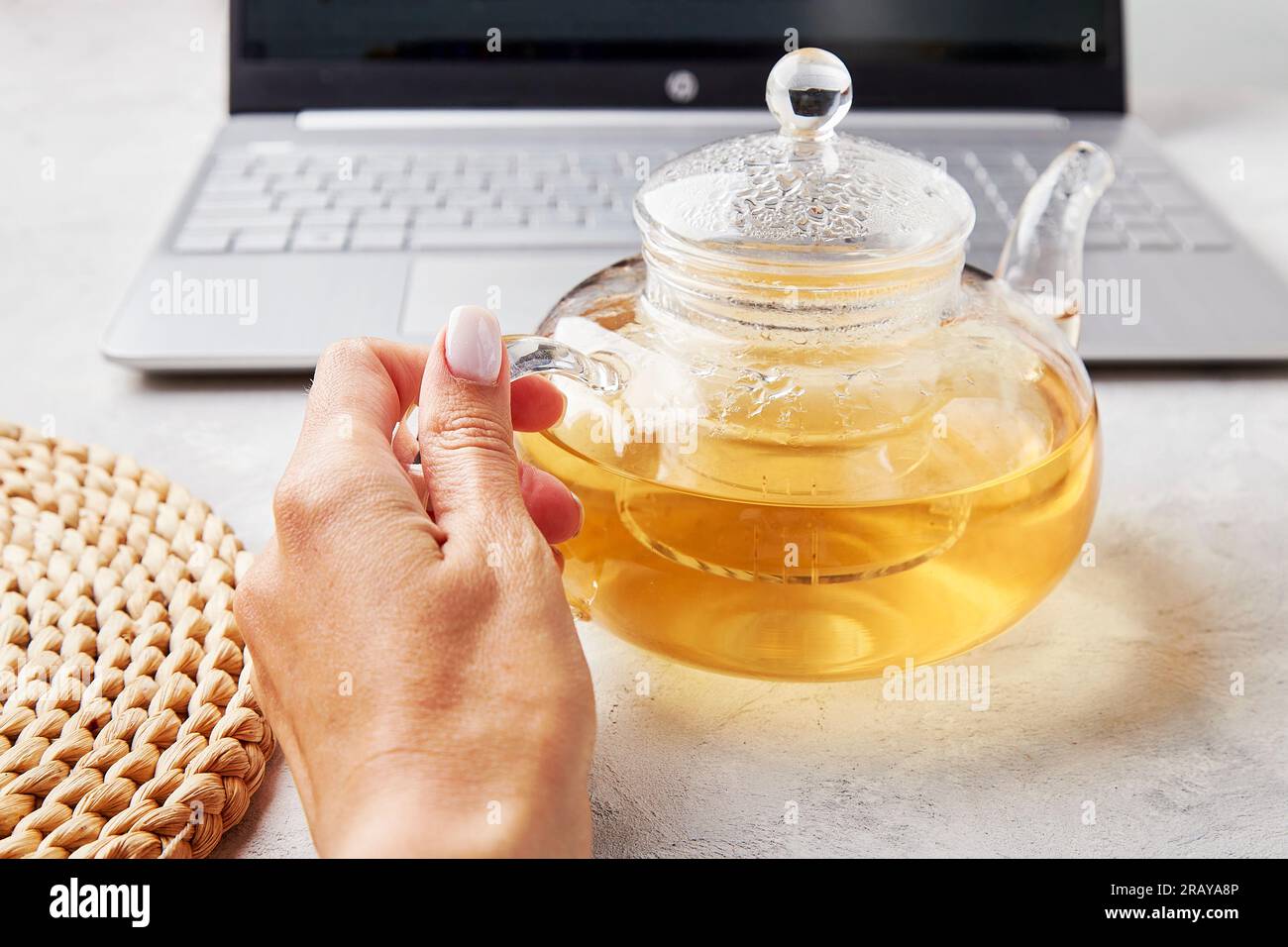 Teapot, herbal tea, aesthetic lifestyle, remote work concept. Freelance ...