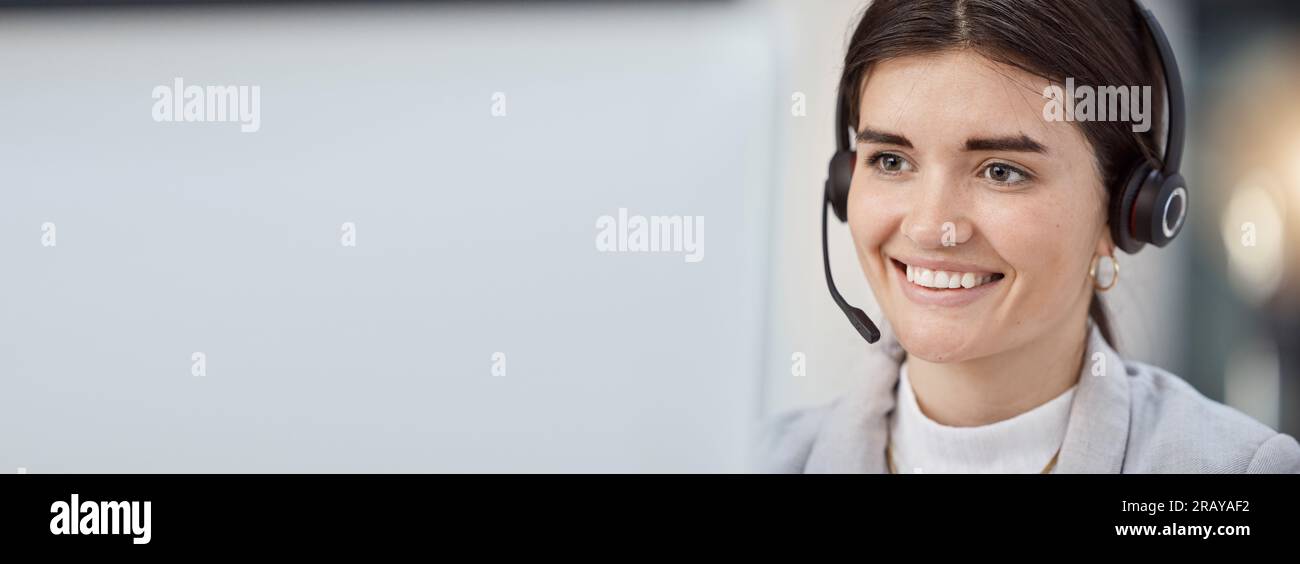 Banner, call center and woman in headshot, customer service job and ...