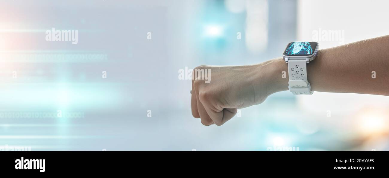 Hand, smart watch or person with time, mockup space or screen for ...