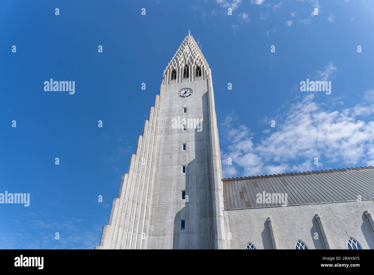 Clock tower of Hallgrimskirkja Church in Reykjavik, Iceland Stock Photo ...