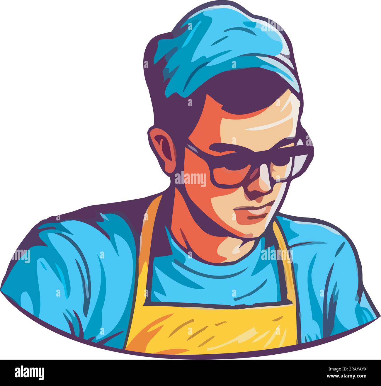 Cheerful chef working, smiling, wearing apron and eyeglasses Stock ...