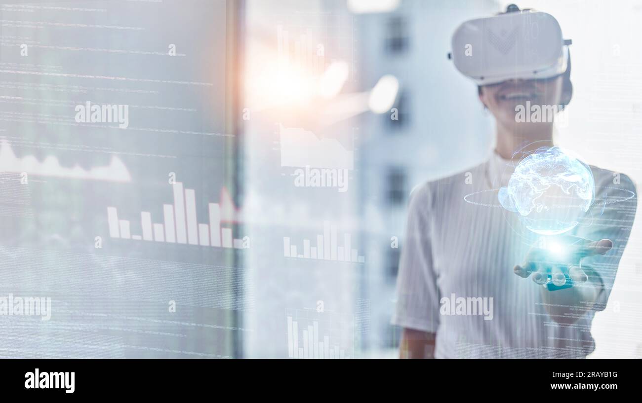 Vr, 3d or happy woman with holographic world for sustainability or ...