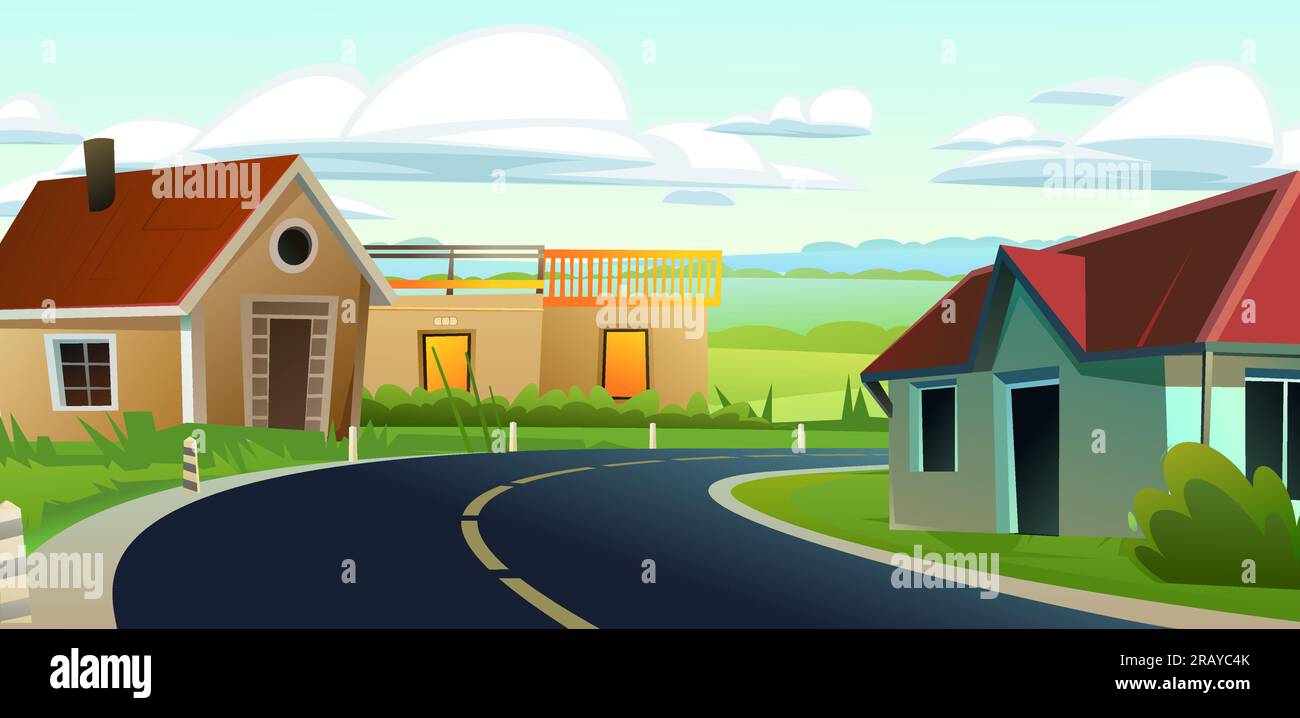 Road turn. house is beautiful. Summer village country landscape. Fun ...