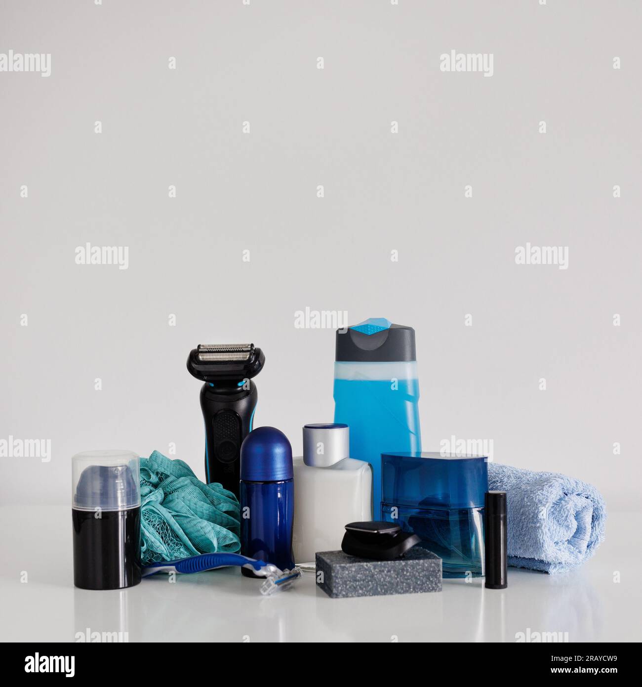 Set of men's personal hygiene products on white background with ...