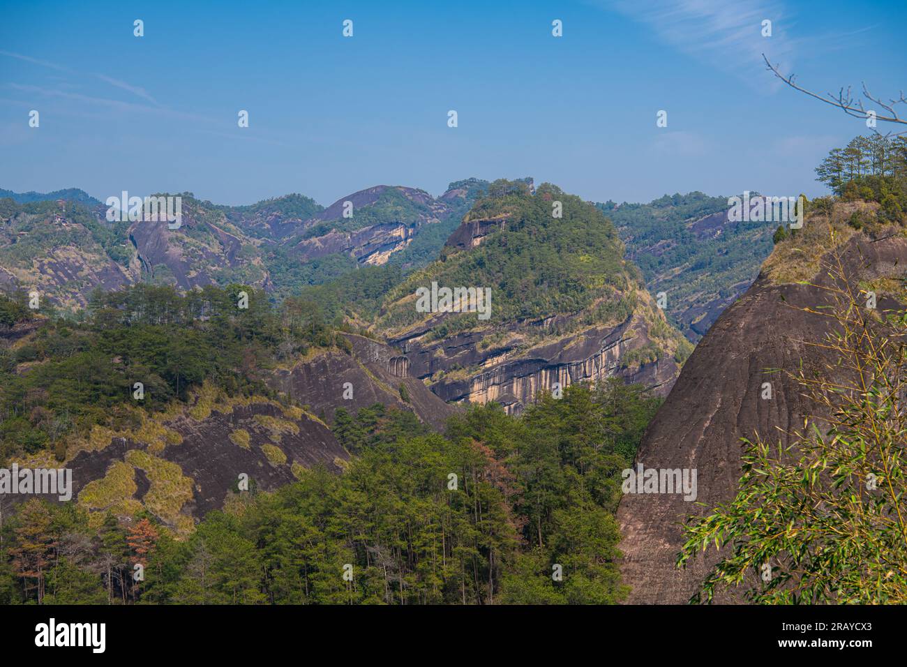 The scenery of Wuyishan landscape of Wuyi Mountains, dark grey peaks ...