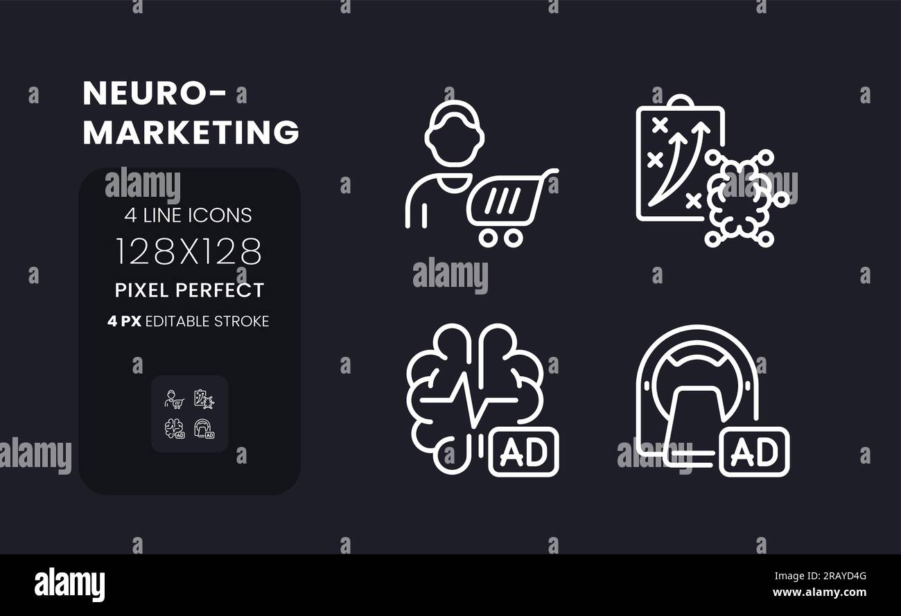 Neuro marketing white linear desktop icons on black Stock Vector Image ...