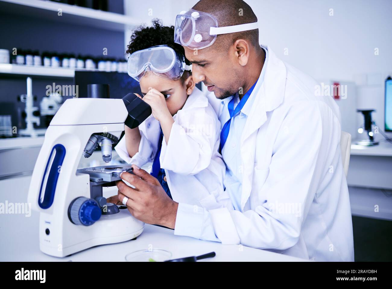 Chemistry, microscope and father with child in laboratory for medical ...