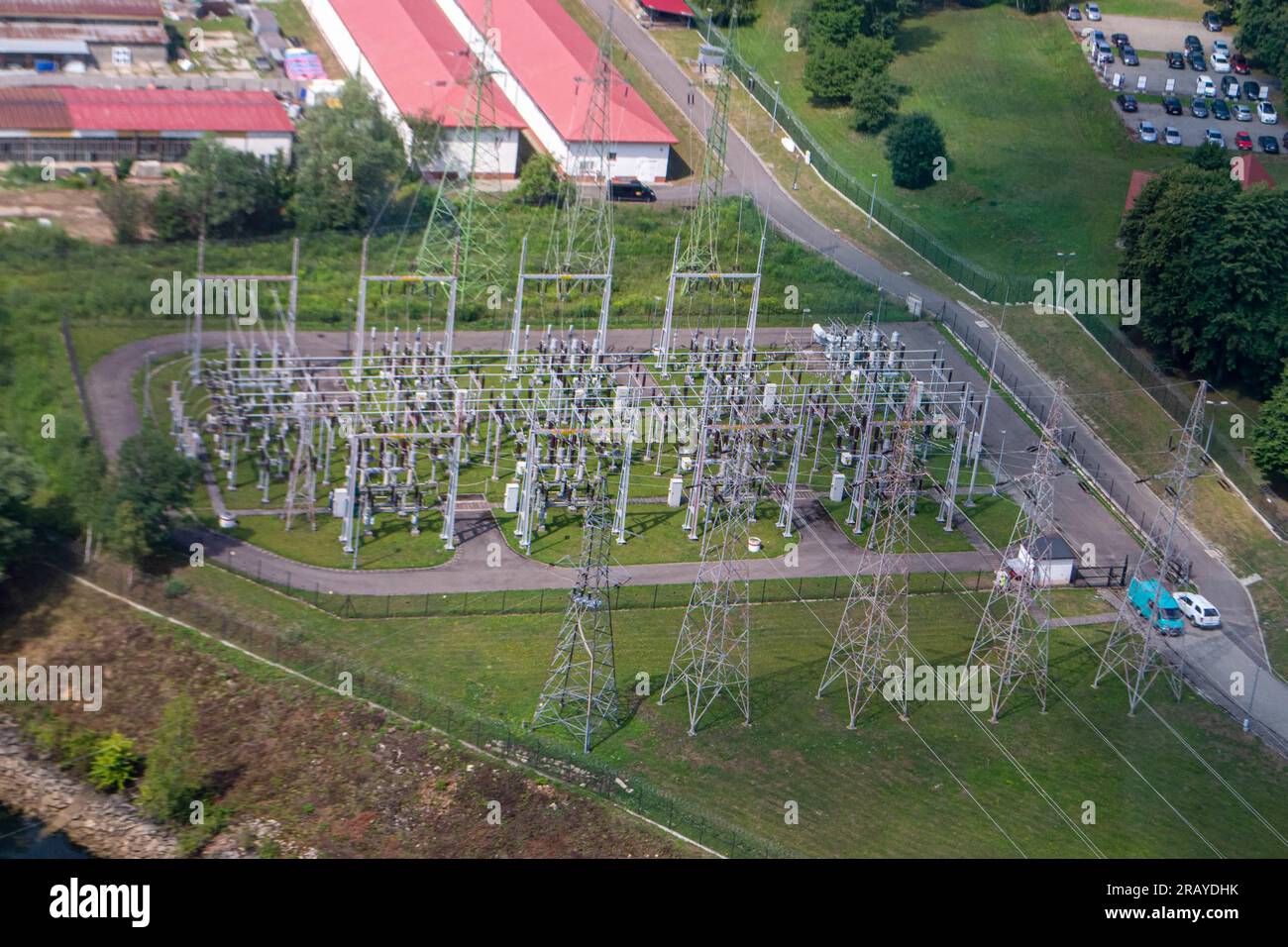 Power plant - transformation station. Multitude of cables and wires ...