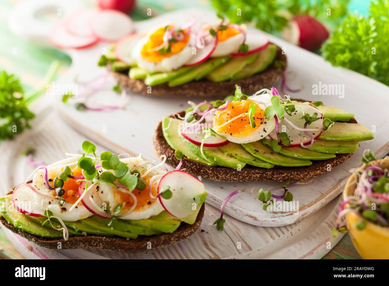 Open sandwiches with avocado,radish, boiled egg and sprouts. Concept of ...