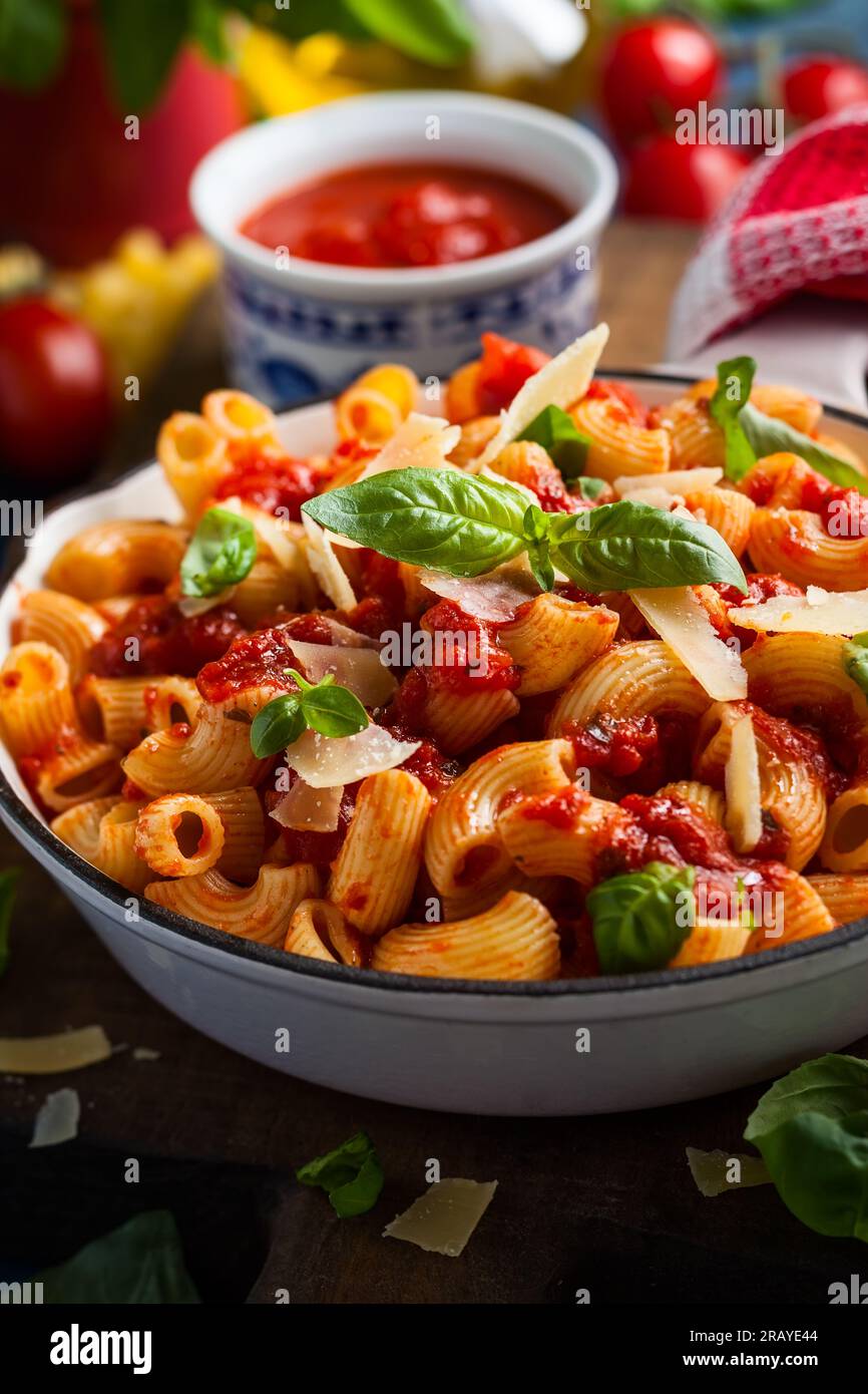 Pasta with spicy tomato sauce, parmesan and basil. Pasta Chifferi ...