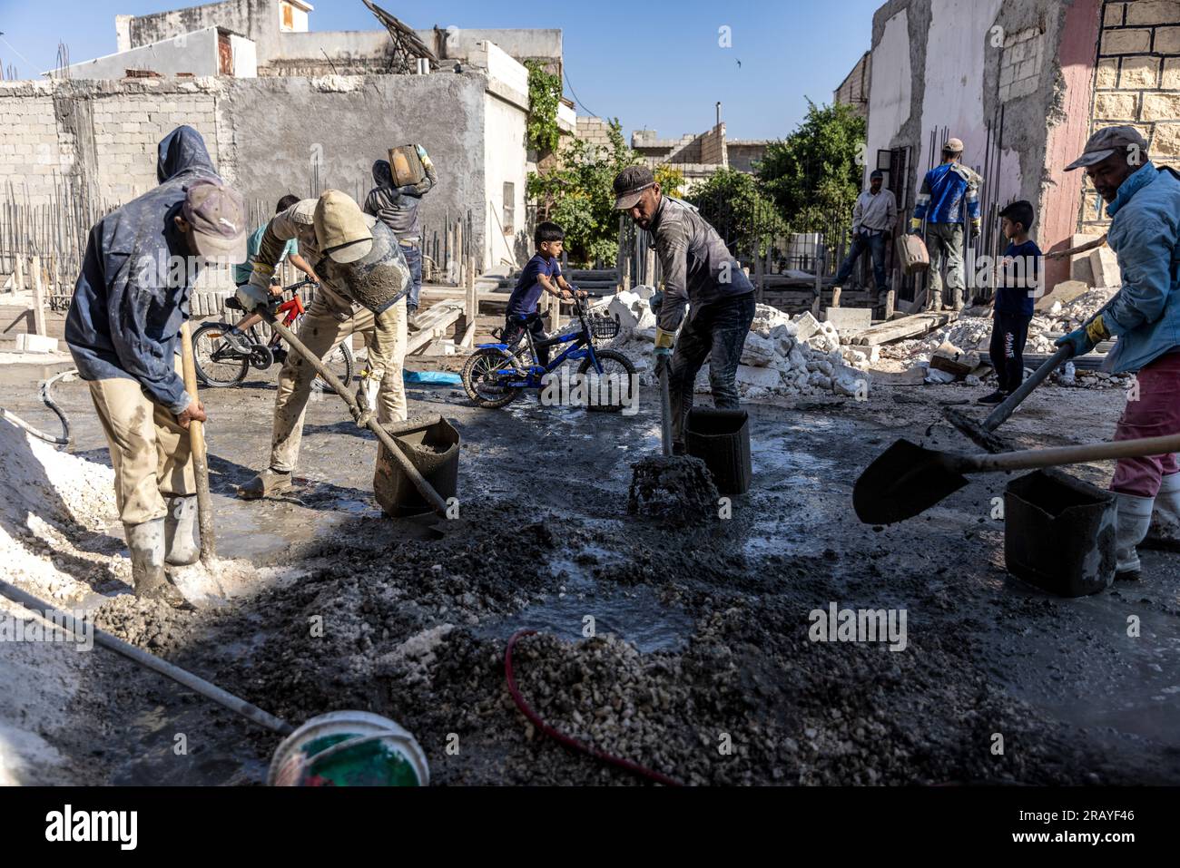 Aleppo, Syria. 05th July, 2023. Syrian workers prepare to rebuild a ...