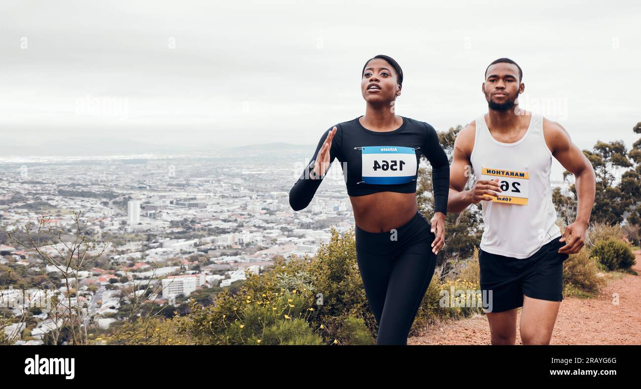 Marathon couple, mountain race and fitness with workout and training ...