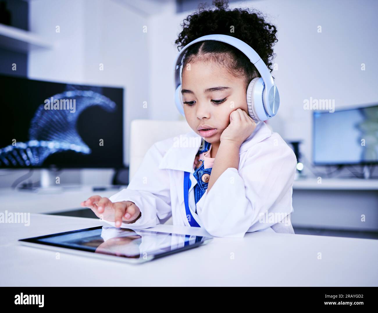 Education, headphones and black girl with elearning on tablet with ...