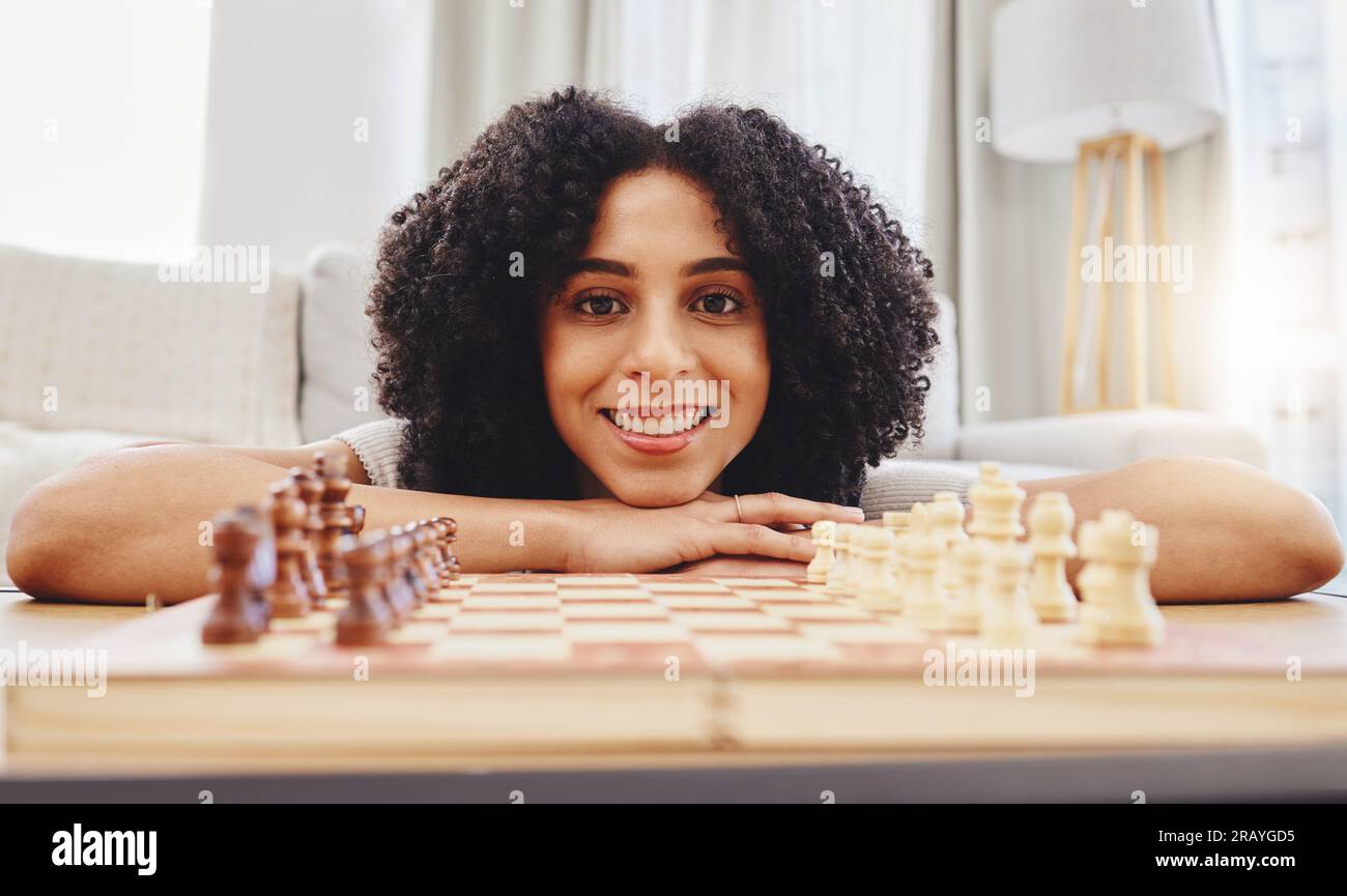 Chess, game and portrait of woman with board for strategy, thinking and ...