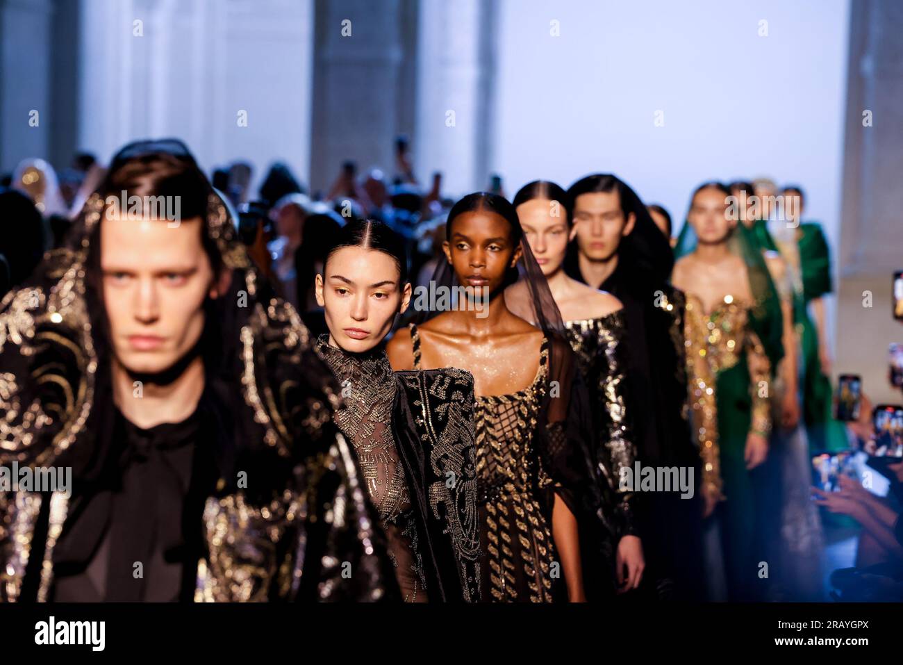 Models walk at the Elie Saab show during Paris Fashion Week Haute ...
