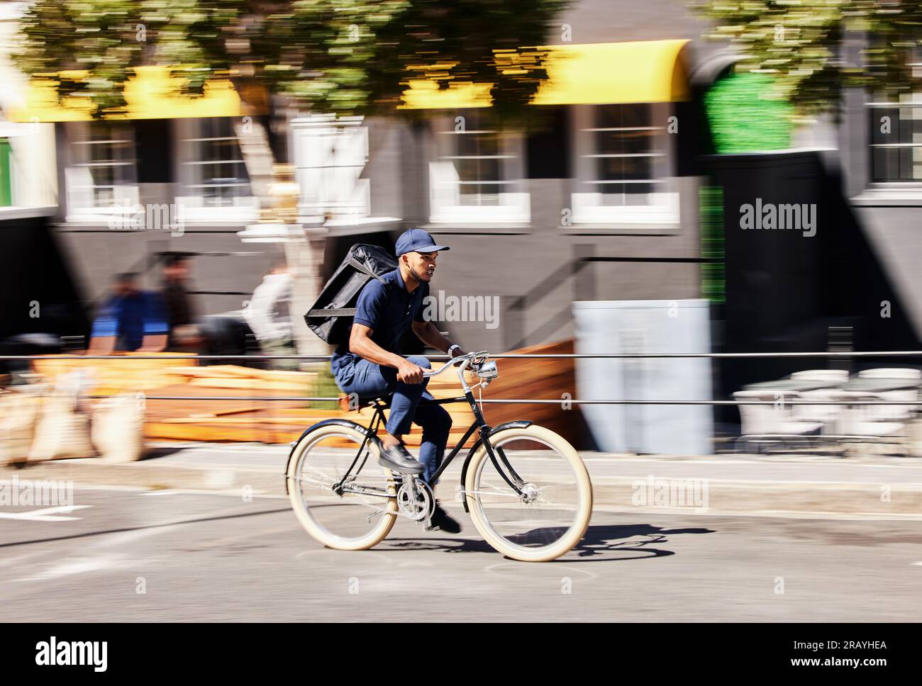 Transportation, delivery on bicycle with package and city street for ...