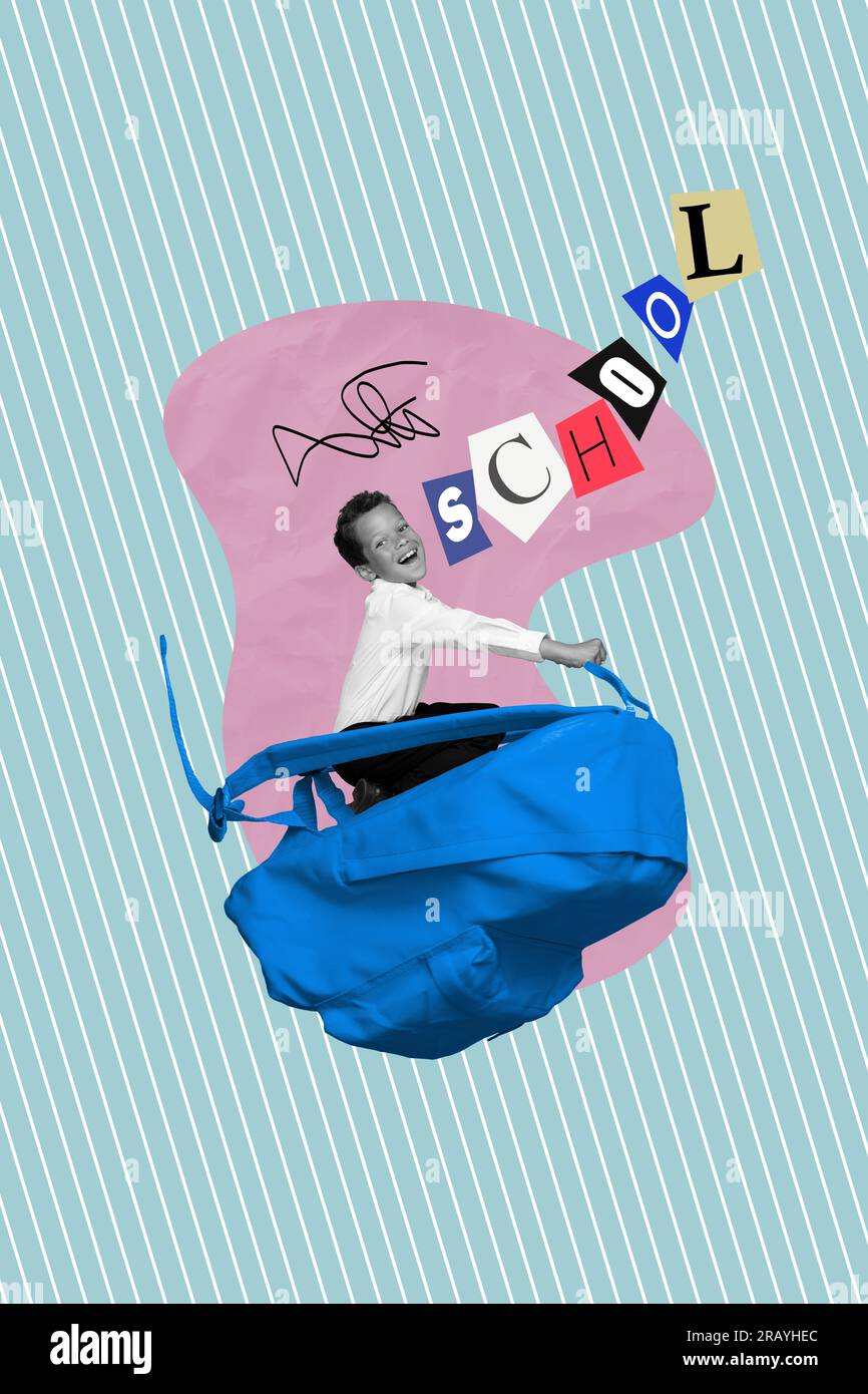 Creative advert collage template of excited small pupil boy flying ride ...