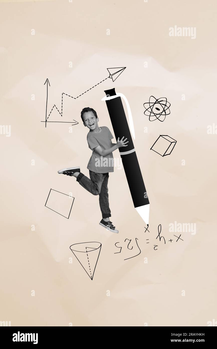 Creative template magazine collage of small kid pupil using pencil ...