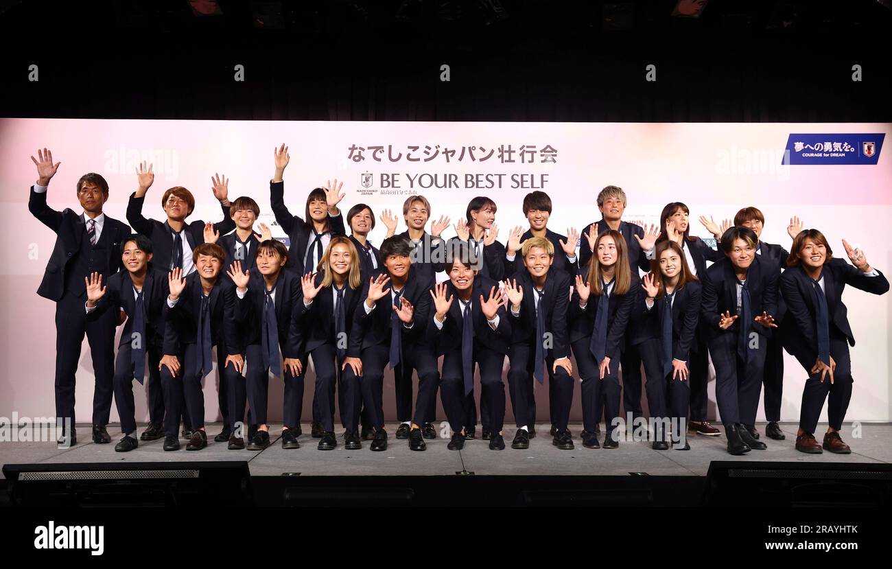 Japan's women's soccer team "Nadeshiko Japan" poses with Coach Futoshi ...