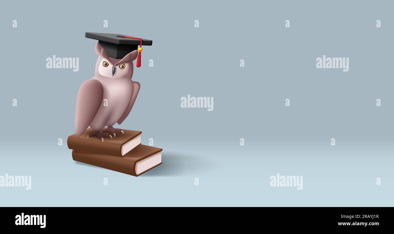 3d owl illustration with graduation cap sitting on books, brown colors ...