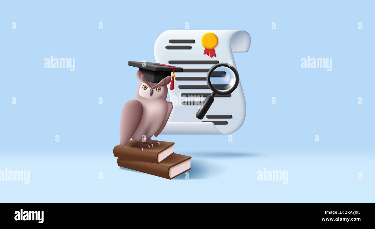 3d owl illustration in graduation cap and diploma or certificate with ...
