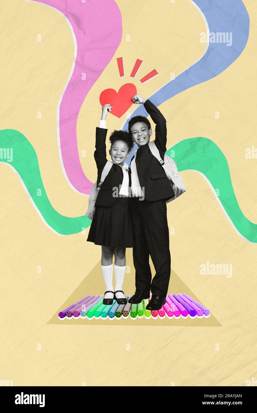 Creative drawing painting collage template of two friends schoolgirl ...