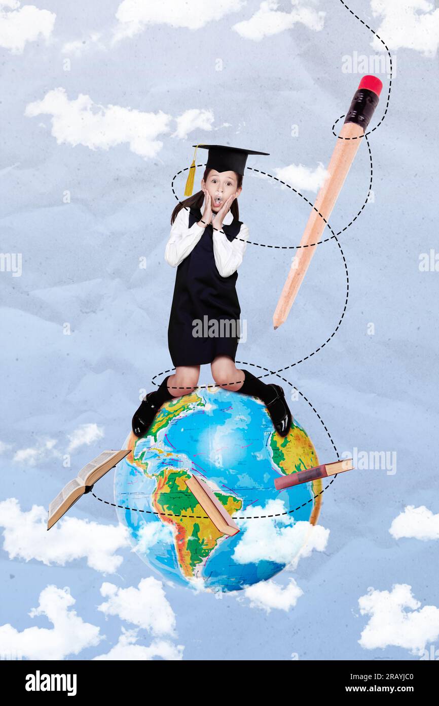 Vertical collage of schoolgirl wear uniform jumping surprised write ...