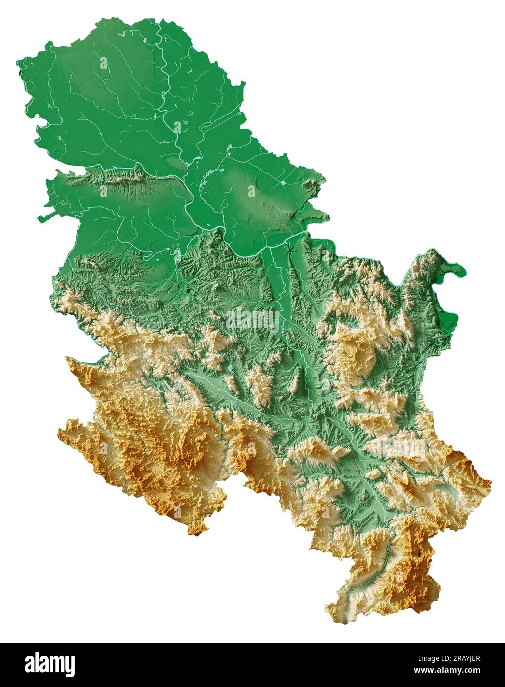 Serbia. Highly detailed 3D rendering of shaded relief map with rivers ...
